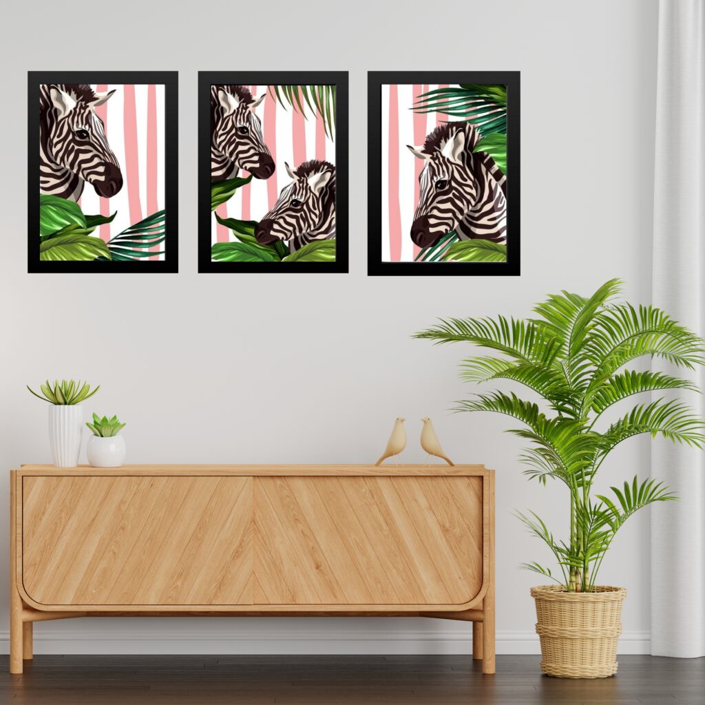 Kit 3 Quadros Zebras Listras Rosas - Quadros Online